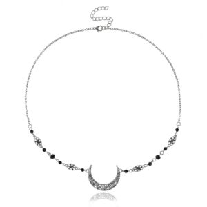 yalice boho crescent moon head chain vintage black crystal headband chain rhinestone headpieces witchy forehead chain for women (silver-black, one size)