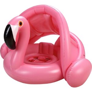 flamingo baby swimming ring with upf 50+ canopy back holder & wings airbag never flip over, inflatable baby pool float sunshade for 8-36 months infant toddler beach water toys summer luau party favors