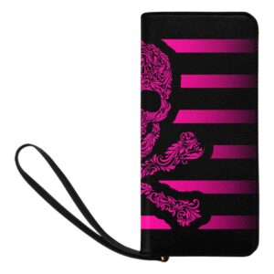 interestprint women's floral pink skull and crossbones stripes fashion wristlet purse continental wallet