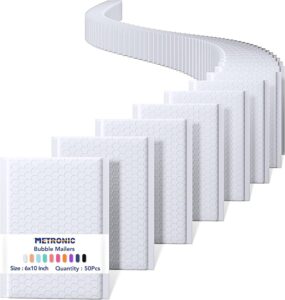 metronic bubble mailers 6x10 50pack, self-seal bubble envelopes, waterproof bubble mailer, padded envelopes, mailers padded for shipping, packaging for business, white, bubble mailers usable size 6x9