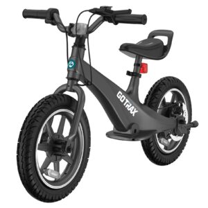 gotrax kids electric balance bike, 250w 12mph electric bike for kids 14" pneumatic tire 15.5miles max range and adjustable seat, balance bike for kid ages 5-8 years old, black