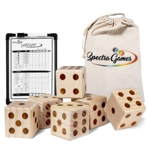 giant wooden yard dice set for lawn games and outdoor yard games. family fun - includes larger double sided yardzee and farkle dry erase scoreboard, 6 dices (white)