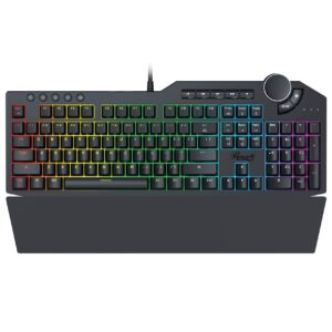 rosewill mechanical gaming keyboard, 15 rgb backlit modes, 2-port usb passthrough, media keys and multifunctional volume dial, magnetic wrist rest, tactile brown switches - neon k90 rgb br, black