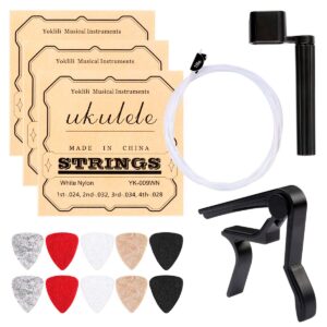 ukulele strings, yoklili 5 sets of nylon ukulele strings with 10 felt picks, string winder for soprano (21 inch) concert (23 inch) tenor (26 inch) ukulele, and capo included