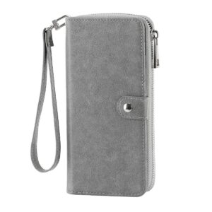 hawee wristlet wallet long for women multi card holder hand phone purse with strap, grey