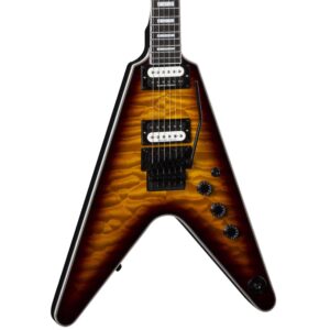 dean v select quilt top floyd rose electric guitar, trans brazilia