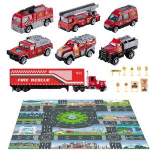 temi diecast emergency fire rescue vehicle toy set w/play mat, truck carrier,ambulance, alloy metal fighting car for 3 4 5 6 years old toddlers kids boys and girls