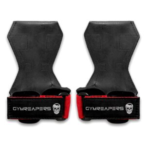 gymreapers weight lifting grips (pair) for heavy powerlifting, deadlifts, rows, pull ups, with neoprene padded wrist wraps support and strong rubber gloves or straps for bodybuilding (red, medium)