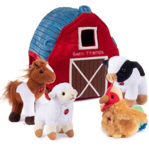 plush creations talking plush farm animals for toddlers with a plush barn house carrier, animal farm set includes 4 soft cuddly plush stuffed animals, a plush cow plush horse plush lamb plush rooster