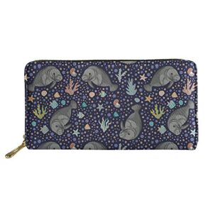 coloranimal long leather wallet for women ladies cute manatee party slim credit cards cash coins organizer zipper closure clutch purse