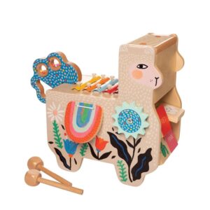 manhattan toy musical llama wooden instrument for toddlers with maraca, clacking saddlebags, drumsticks, washboard & xylophone