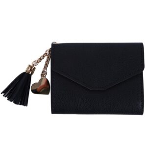 zaling women leather tassel small wallet card holder zipper coin purses black