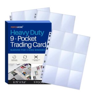 performore 9-pocket trading card binder sleeves for 3 ring binders | yugioh, baseball, pokemon, sports card page protector sheets | plastic top loader pages (25 pack)