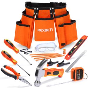 rexbeti 18pcs young builder's tool set with real hand tools, reinforced kids tool belt, waist 20"-32", kids learning tool kit for home diy and woodworking