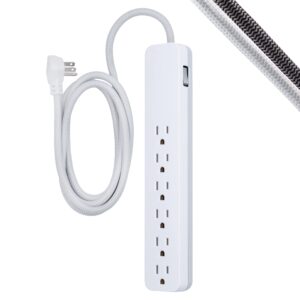 ge ultrapro 6-outlet surge protector, 6 ft designer braided extension cord, 560 joules, flat plug, wall mount, ul listed, white, 45270