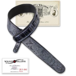 walker & williams dlx-282 handmade brushed black padded guitar strap with embossed tooling for acoustic, electric, and bass guitars