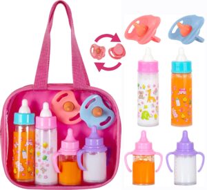 fash n kolor®, my sweet baby disappearing doll feeding set | baby care 6 piece doll feeding set for toy stroller | 2 milk & juice bottles with 2 toy pacifier for baby doll