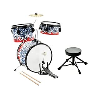 musicube junior drum set, kids drum set 10 inch 3-piece with adjustable throne, cymbal, pedal & hardwood drumsticks, fire flower painted model