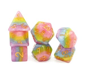 polyhedral dnd dice set pearl rainbow dice for dungeons and dragons, pathfinder, d&d, rpg, mtg,7-die set role playing games dice 4 colors resin dice