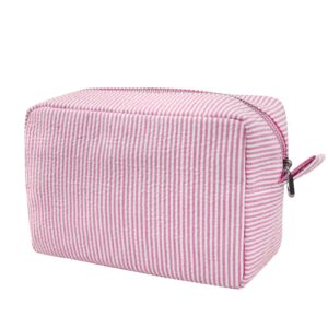 gfu cosmetic bag for women, large makeup bag, travel toiletry stripe cosmetic bag, seersucker women aesthetic organizer storage pouch, girls handbags purses (pink)