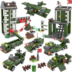 wishalife city war military base building set with army car, tank, airplane, helicopter, military toy gift for kids boys age 6+ (1162 pcs)