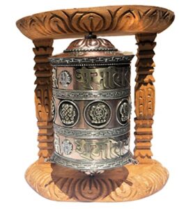 large tibetan prayer wheel with wood frame 8 auspiciouse symbol and om mane pad mei hum, hang it or sits in flat surface,handcrafted by himalayan artisan in nepal