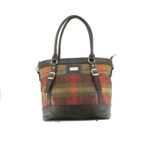 mucros weavers tweed & pu leather handbag - made in ireland - kelly style (autumn plaid)