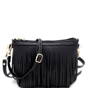 front and back both side fringed soft pu leather small boho crossbody wristlet (zblack)