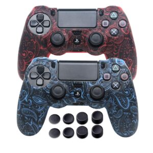 silicone controller covers compatible with ps4 controller - 2 pack of anti-slip protector controller skin case- with 4 pairs thumb grips - red & blue