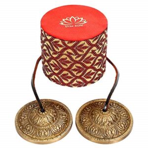 divine sound tingsha cymbals -holy buddha lotus symbol engraved beautiful gift box for meditation,pray,yoga,sound healing, 7.6cm / 3" nepal tingsha bell with lather strap brass