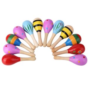 sansheng 12 pcs mini fiesta wooden maracas toys, wooden maracas festival painting, wooden carnival maracas (random colors)