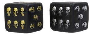 ebros oversized large decorative 2.25"high cube silver and gold skull face gaming dice set of 2 in matte black finish as ossuary macabre spooky halloween decor sculpture of graveyard skulls skeletons