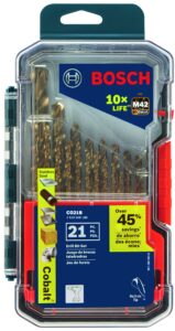 bosch co21b 21-piece assorted set with included case cobalt m42 metal drill bit with three-flat shank for drilling applications in stainless steel, cast iron, titanium, light-gauge metal, aluminum