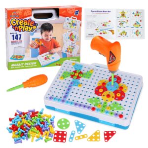 haifeng 147 pieces creative nplay drill and screwdriver toy set, diy mosaic design art kit, stem education learning toy for kids aged 3-8 years old