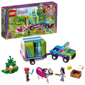 lego friends mia's horse trailer 41371 building kit with mia and emma mini dolls includes toy truck, horse, and rabbit for creative play (216 pieces)