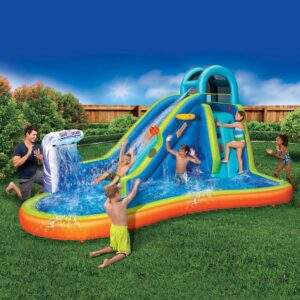 inflatable giant water slide - huge kids pool (14 feet long by 8 feet high) with built in sprinkler wave and basketball hoop - heavy duty outdoor surf n splash adventure park - blower included