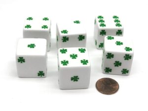 koplow games pack of 6 shamrock d6 25mm large jumbo dice - white with green pips