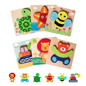 wooden toddler puzzles, montessori 6 pack animal shape jigsaw puzzles for child kids preschool learning educational toys gifts for 1 2 3 year old boys girls