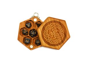 elderwood academy pocket sized hex dice wood chest with magnetic lid - perfect for dnd, magic the gathering dice counters and any other tabletop games (mini-cherry/celtic)