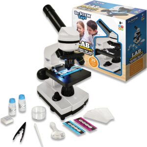 dr. stem toys 39 piece microscope kit for kids with top and bottom lights, specimen slides, 40x, 100x, and 400x adjustable lenses - for kids and schools (ages 8+), white