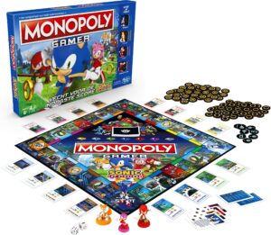 monopoly gamer sonic the hedgehog edition board game for kids ages 8 & up; sonic video gamer themed board game