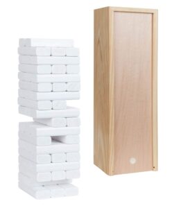 we games wooden block stacking party game for adults, tumble tower wedding guest book alternative, tabletop games, includes storage case, 12 inches