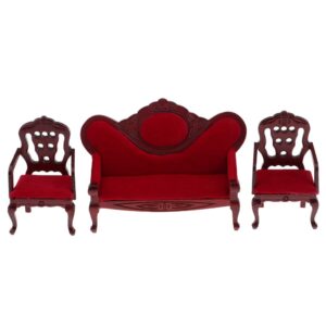 eatingbiting 1:12 miniature living room furniture vintage red wooden sofa armchair couch table 3pcs set sofa + 2 chairs