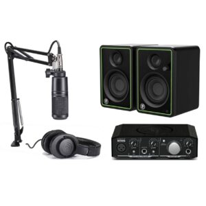 audio-technica/mackie professional home studio starter kit - at2020 microphone, m20x monitor headphones with mackie cr3-x moniter speakers and mackie onyx artist interface