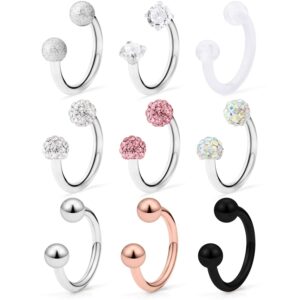 hoeudjo 9pcs 16g surgical steel lip hoop ring crystal cubic horseshoe barbell tragus cartilage earring helix daith hoop piercing body piercing jewelry retainer for women men 8mm silver-tone