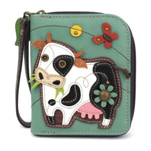 chala group handbags cow zip-around wallet/wristlet cow collectors, teal, 5" x 6" x 1"