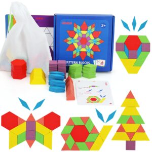 gemem 155 pcs wooden pattern blocks set geometric shape puzzle kindergarten classic educational montessori tangram toys for kids ages 4-8 with 24 pcs design cards