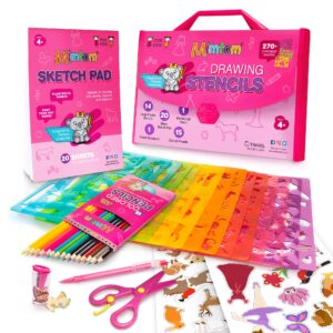 mimtom drawing stencil kit for kids, 51 pc art set with 270+ shapes, sketch pad, and colored pencils for child's diy arts and crafts, draw with princess, fairies and animal stencils, pink