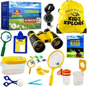 kidz xplore outdoor explorer set - bug catching kit nature exploration children outdoor games mini binoculars kids, compass, whistle, magnifying glass, adventure, hunting, hiking educational toy