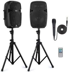 pyle wireless portable pa speaker system - 1000w high powered bluetooth compatible active + passive pair outdoor sound speakers w/usb sd mp3 aux - 35mm mount, 2 stand, microphone, remote